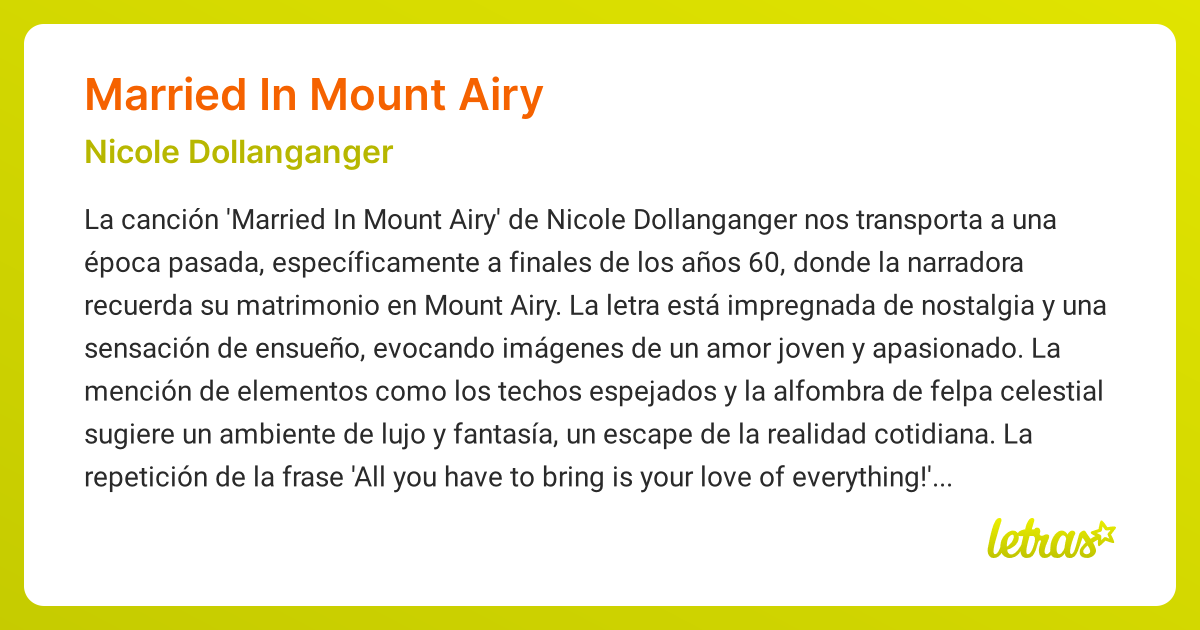 Significado de la canción MARRIED IN MOUNT AIRY (Nicole Dollanganger) - LETRAS.COM