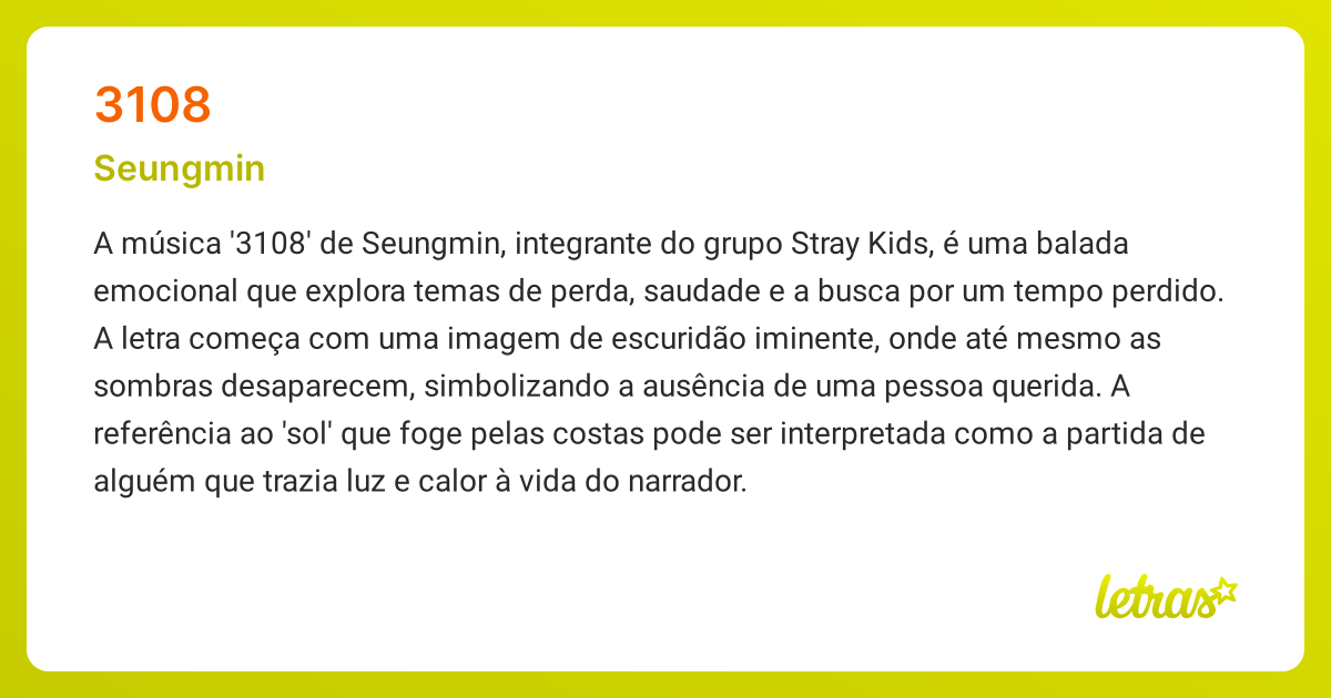 Significado da música 3108 (Seungmin) - LETRAS.MUS.BR