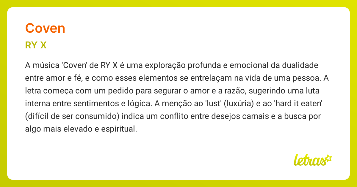 Significado da música COVEN (RY X) - LETRAS.MUS.BR