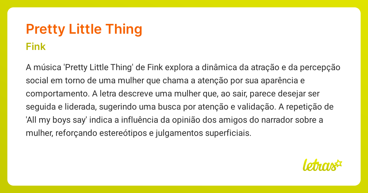Significado da música PRETTY LITTLE THING (Fink) - LETRAS.MUS.BR