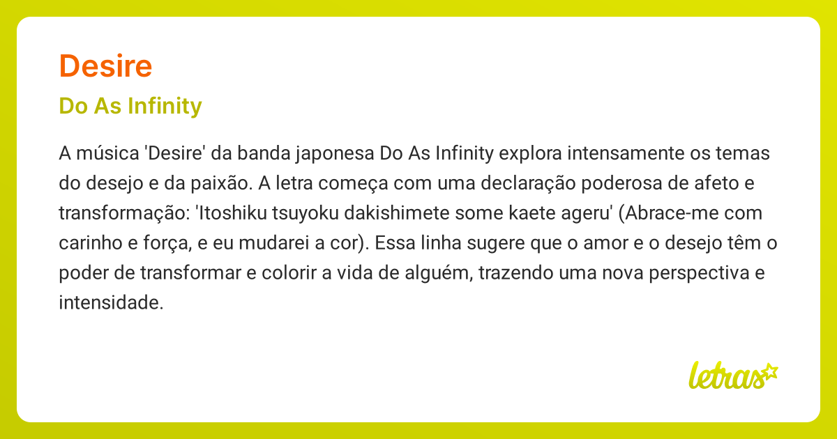 Significado da música DESIRE (Do As Infinity) - LETRAS.MUS.BR