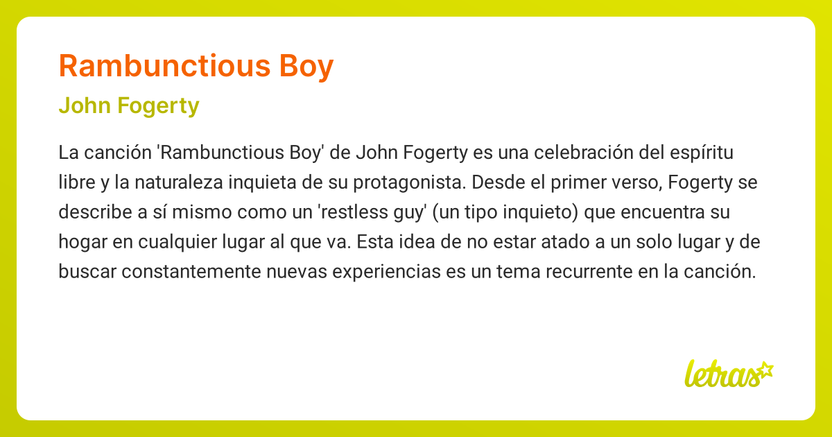Significado de la canción RAMBUNCTIOUS BOY (John Fogerty) - LETRAS.COM