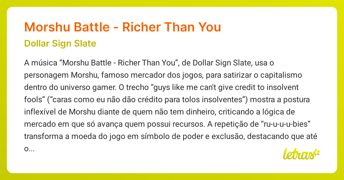 Significado da música Morshu Battle - Richer Than You (Dollar Sign ...