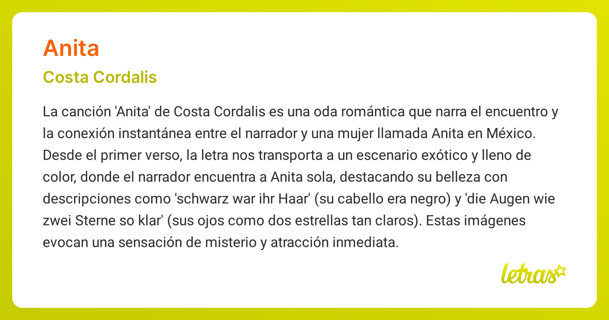 Significado de la canción ANITA (Costa Cordalis) - LETRAS.COM