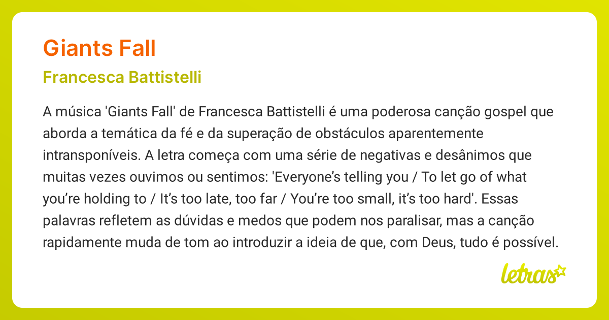 Significado da música GIANTS FALL (Francesca Battistelli) - LETRAS.MUS.BR