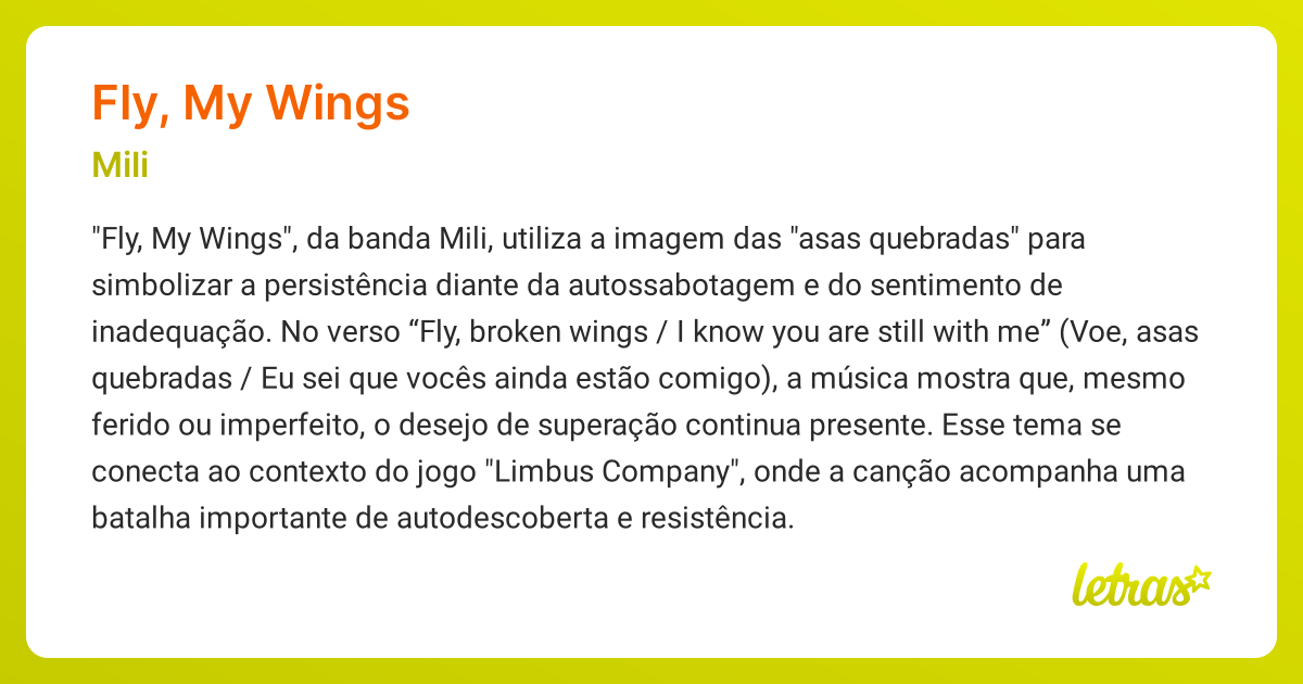 Significado da música FLY, MY WINGS (Mili) - LETRAS.MUS.BR