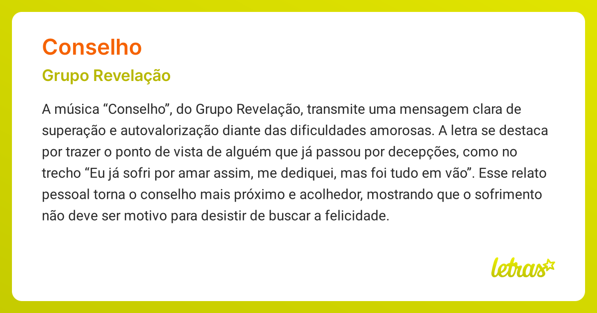 Significado da música CONSELHO (Grupo Revelação) - LETRAS.MUS.BR