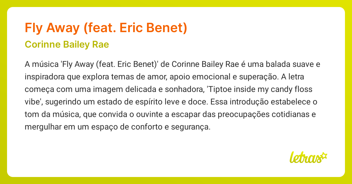 Significado da música FLY AWAY (FEAT. ERIC BENET) (Corinne Bailey Rae ...