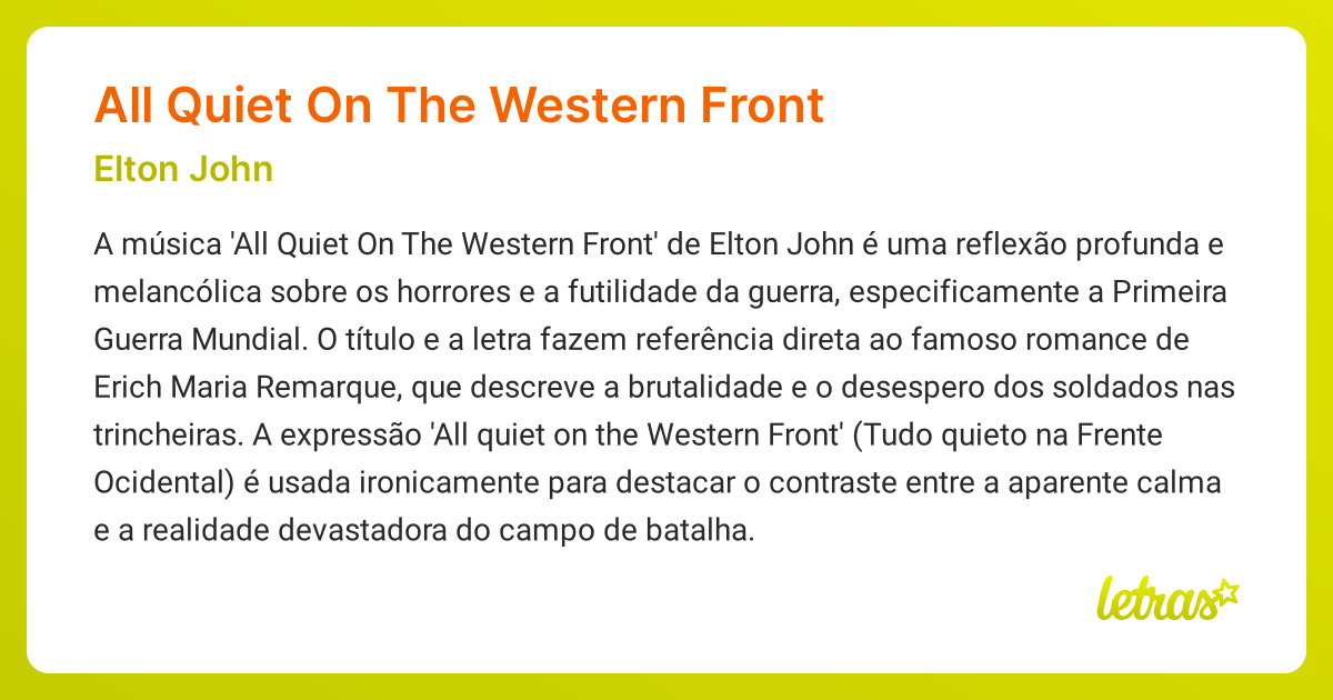 Significado da música ALL QUIET ON THE WESTERN FRONT (Elton John ...