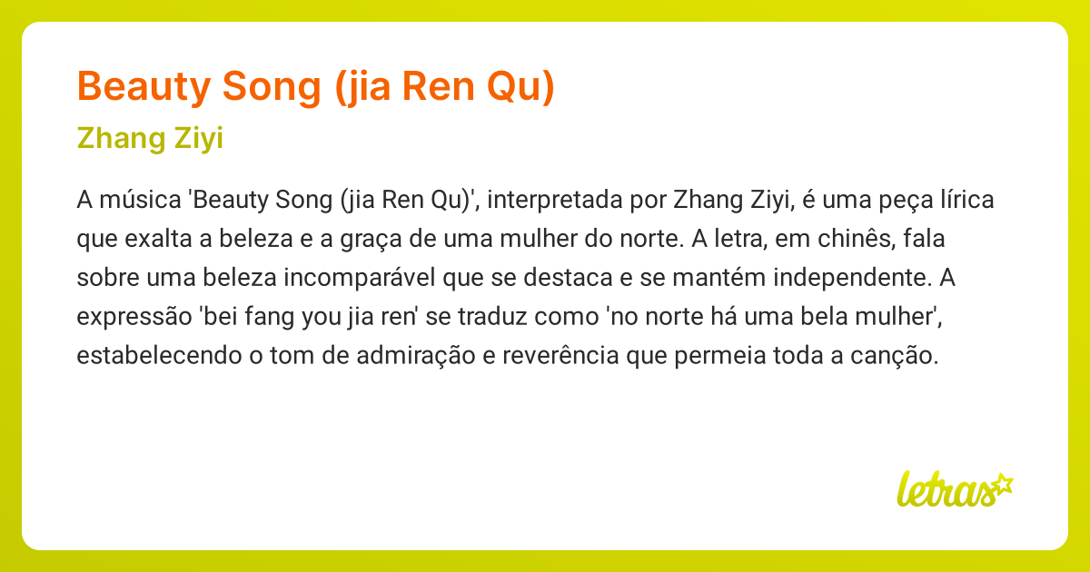 Significado da música BEAUTY SONG (JIA REN QU) (Zhang Ziyi) - LETRAS.MUS.BR