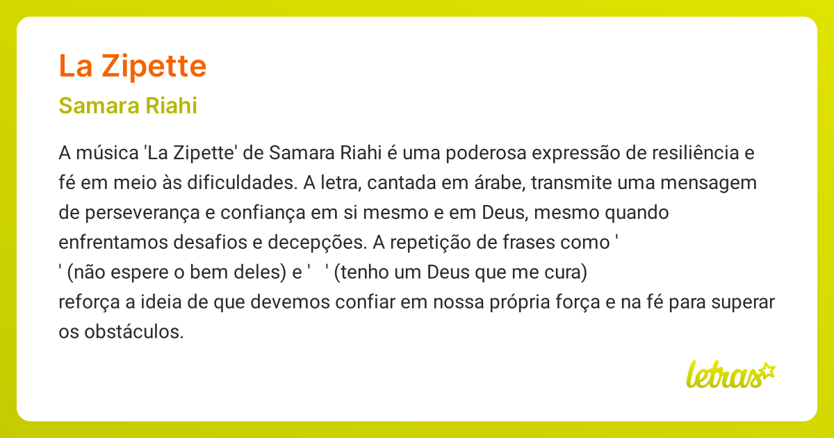 Significado da música LA ZIPETTE (Samara Riahi) - LETRAS.MUS.BR