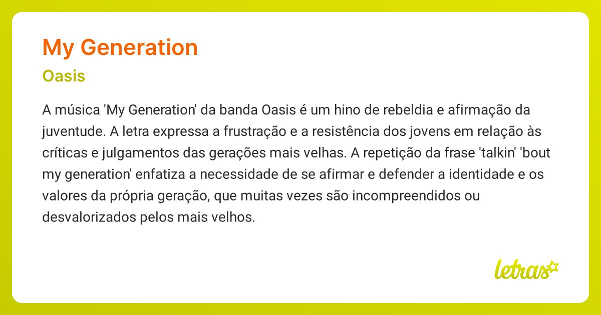 Significado da música MY GENERATION (Oasis) - LETRAS.MUS.BR