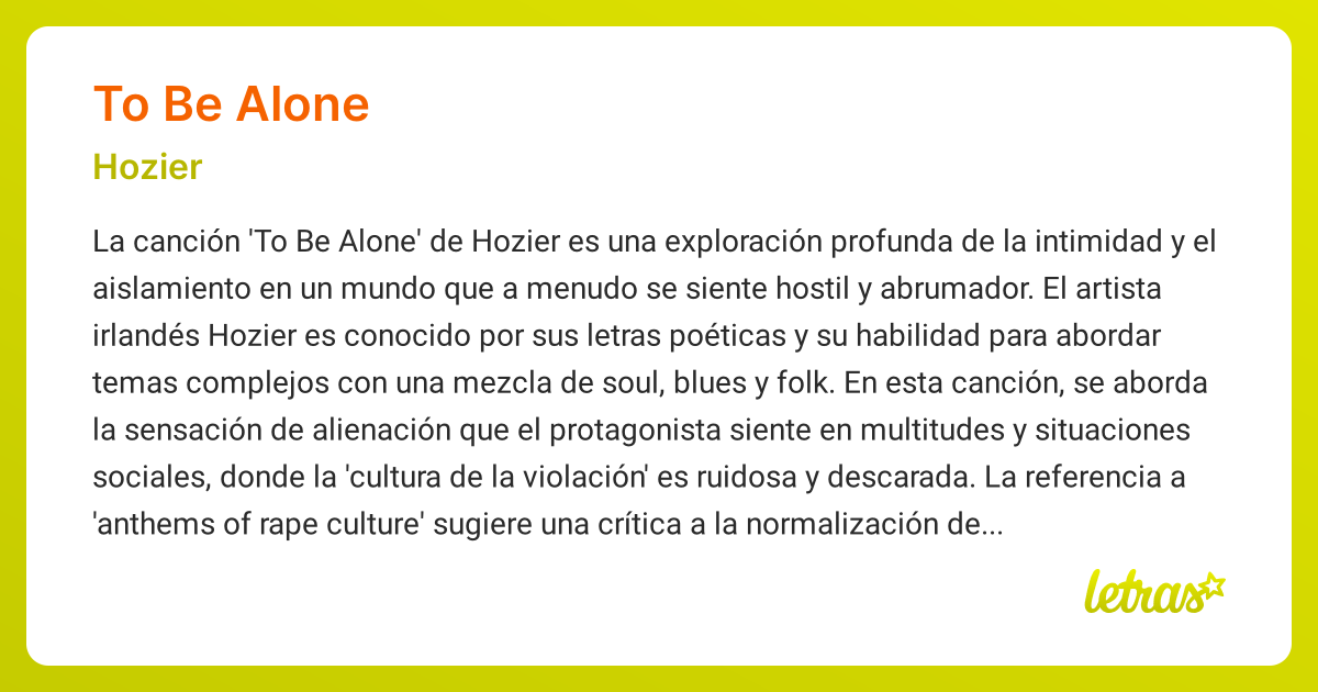 Significado de la canción TO BE ALONE (Hozier) - LETRAS.COM