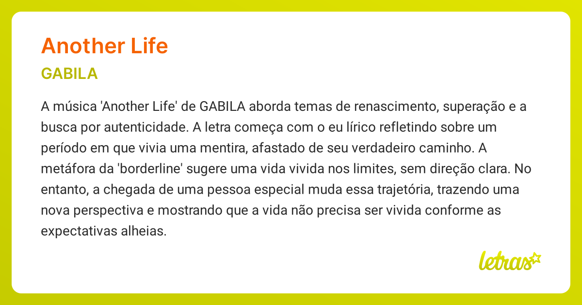 Significado da música ANOTHER LIFE (GABILA) - LETRAS.MUS.BR