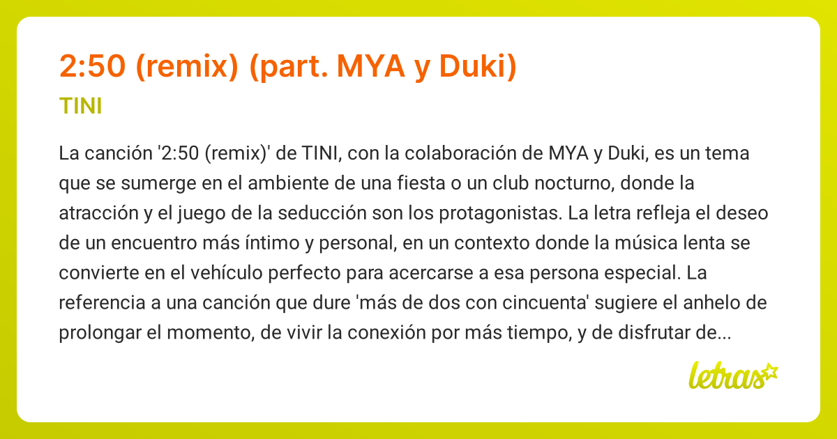 Significado de la canción 2:50 (remix) (part. MYA y Duki) (TINI ...