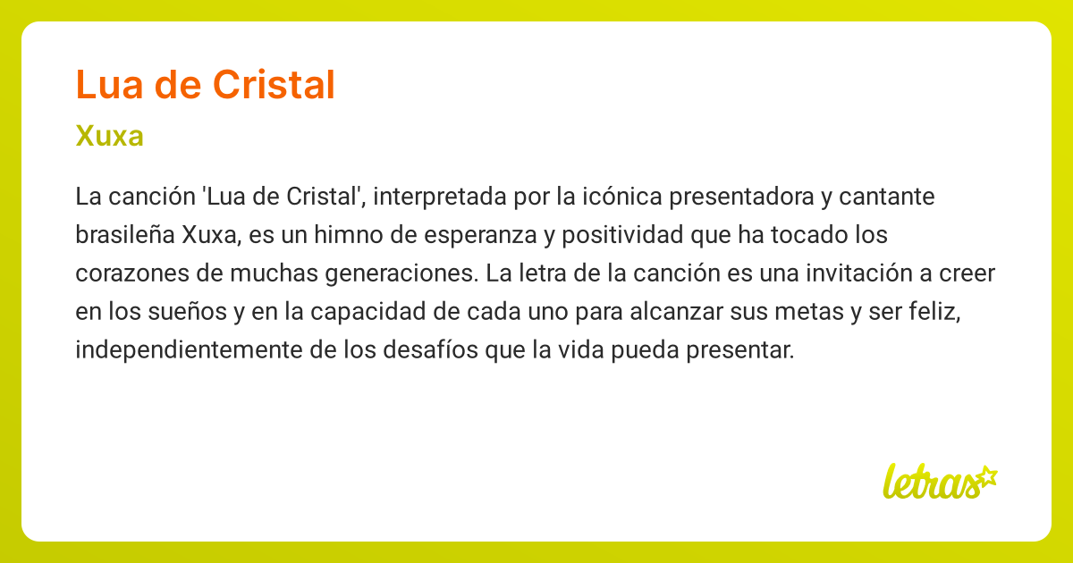 Significado de la canción LUA DE CRISTAL (Xuxa) - LETRAS.COM