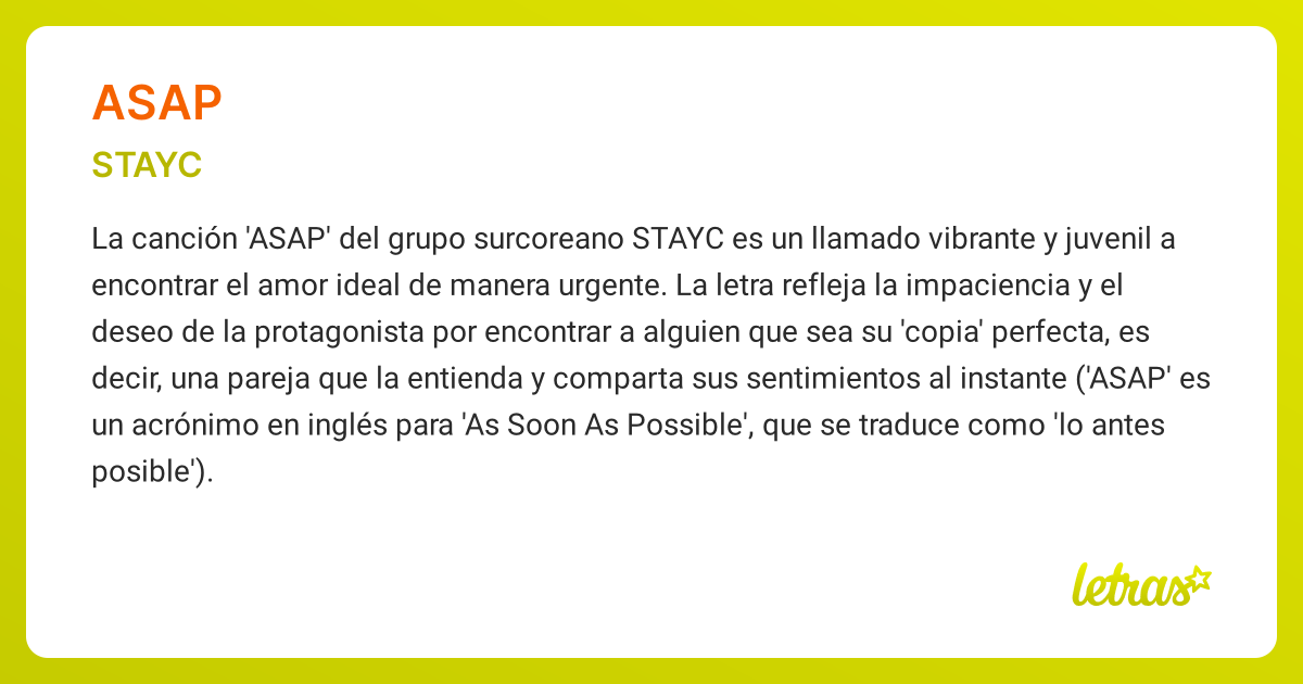 Significado de la canción ASAP (STAYC) - LETRAS.COM
