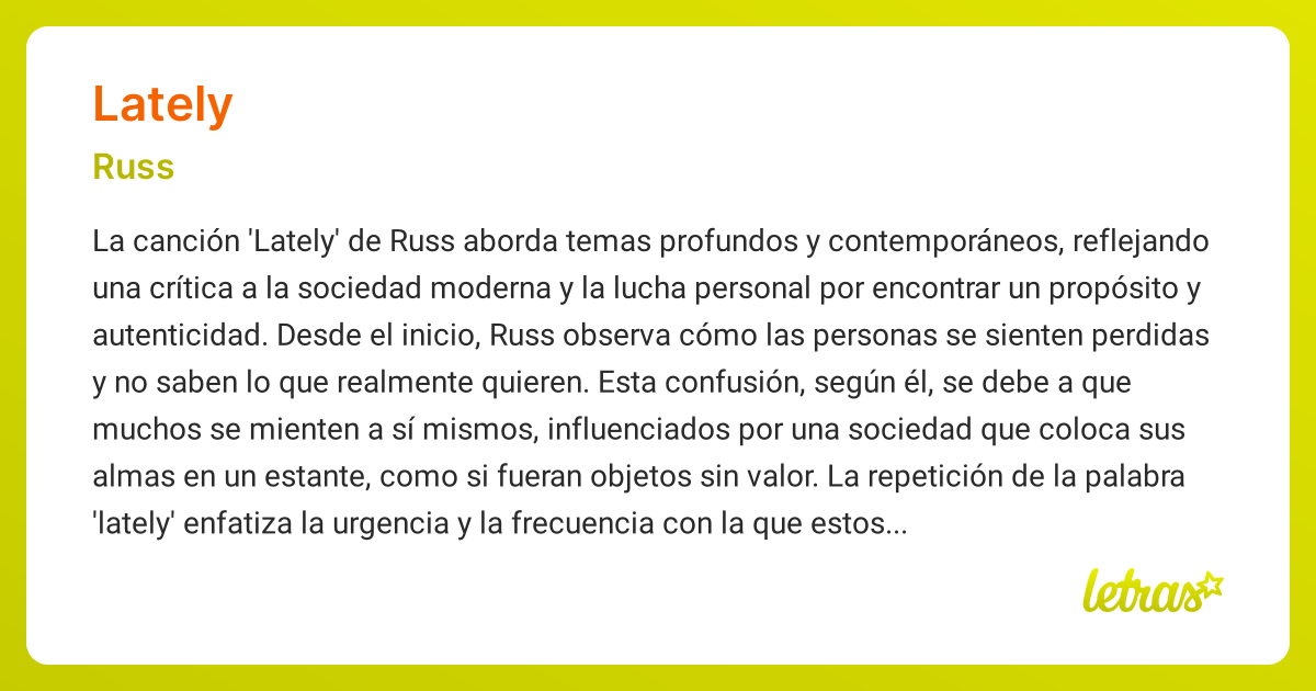 Significado de la canción LATELY (Russ) - LETRAS.COM