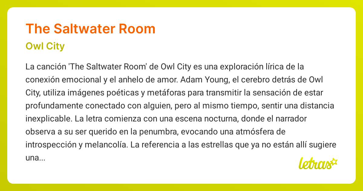 Significado de la canción THE SALTWATER ROOM (Owl City) - LETRAS.COM
