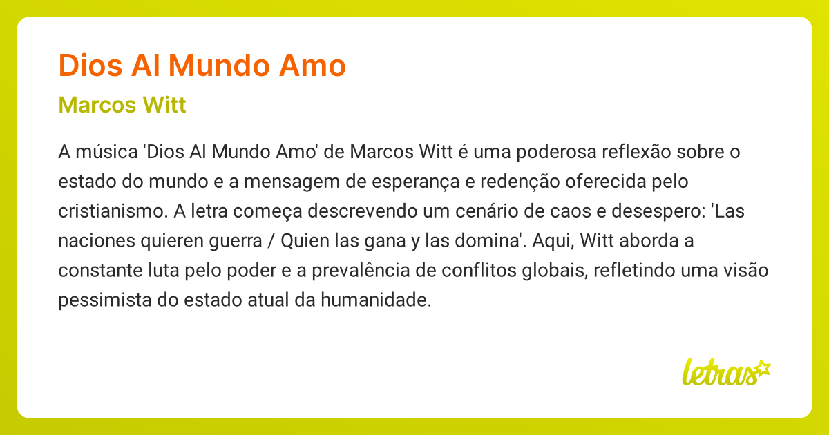 Significado da música DIOS AL MUNDO AMO (Marcos Witt) - LETRAS.MUS.BR