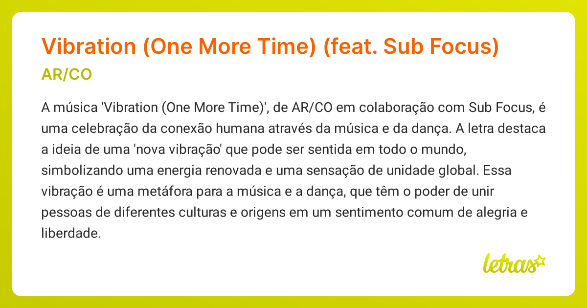Significado da música Vibration (One More Time) (feat. Sub Focus) (AR ...