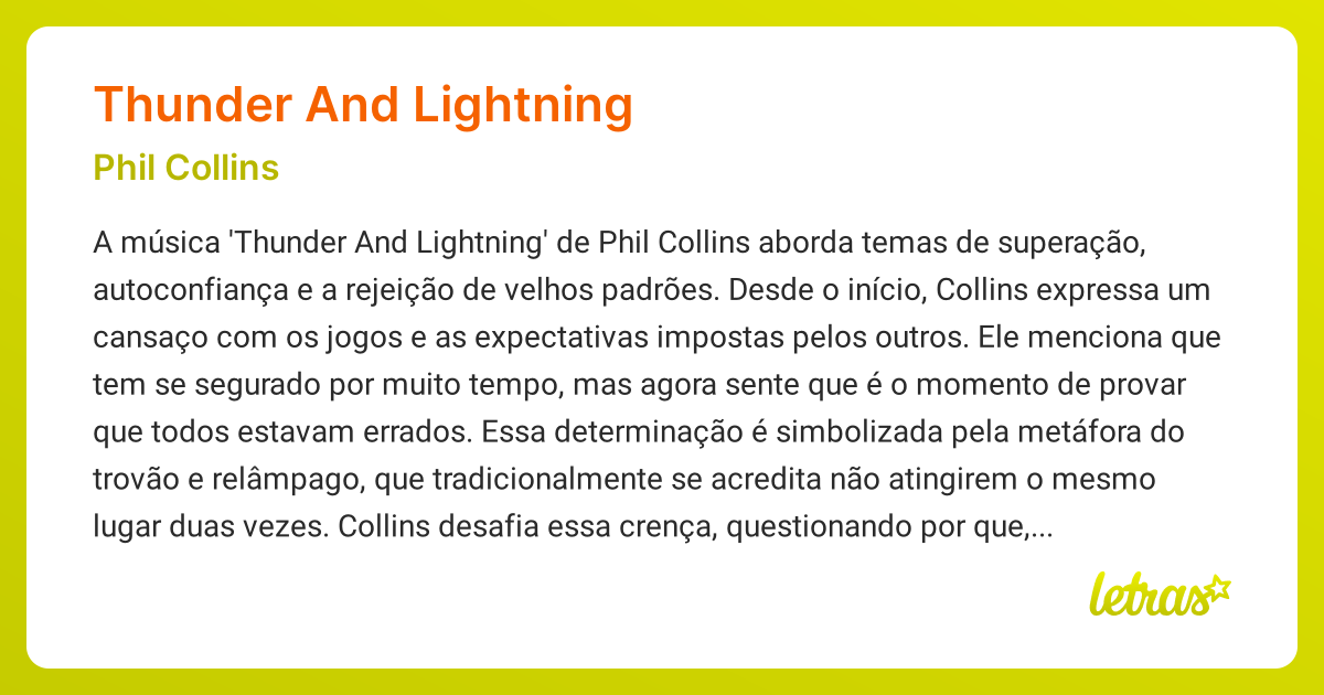 Significado da música THUNDER AND LIGHTNING (Phil Collins) - LETRAS.MUS.BR