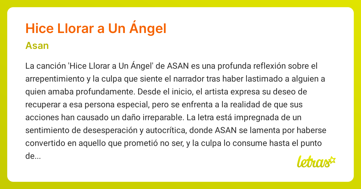 Significado de la canción HICE LLORAR A UN ÁNGEL (ASAN) - LETRAS.COM