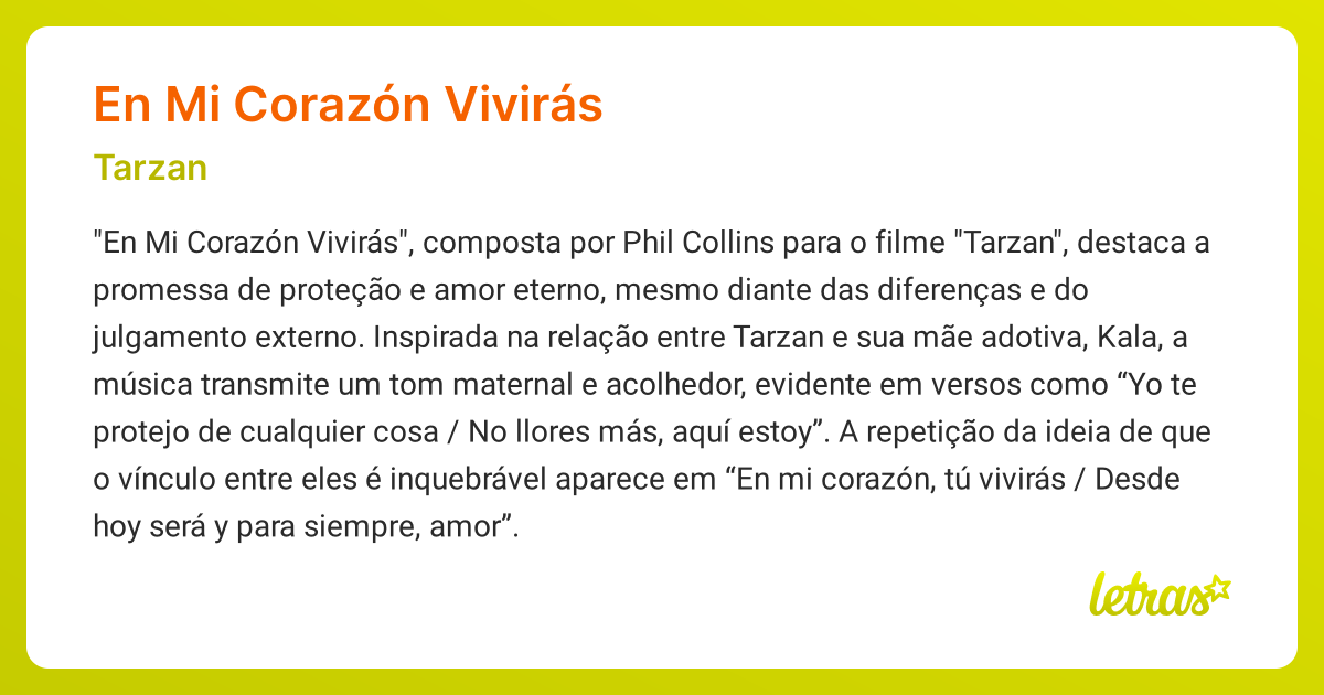 Significado Da Música En Mi Corazón Vivirás Tarzan Letras Mus Br
