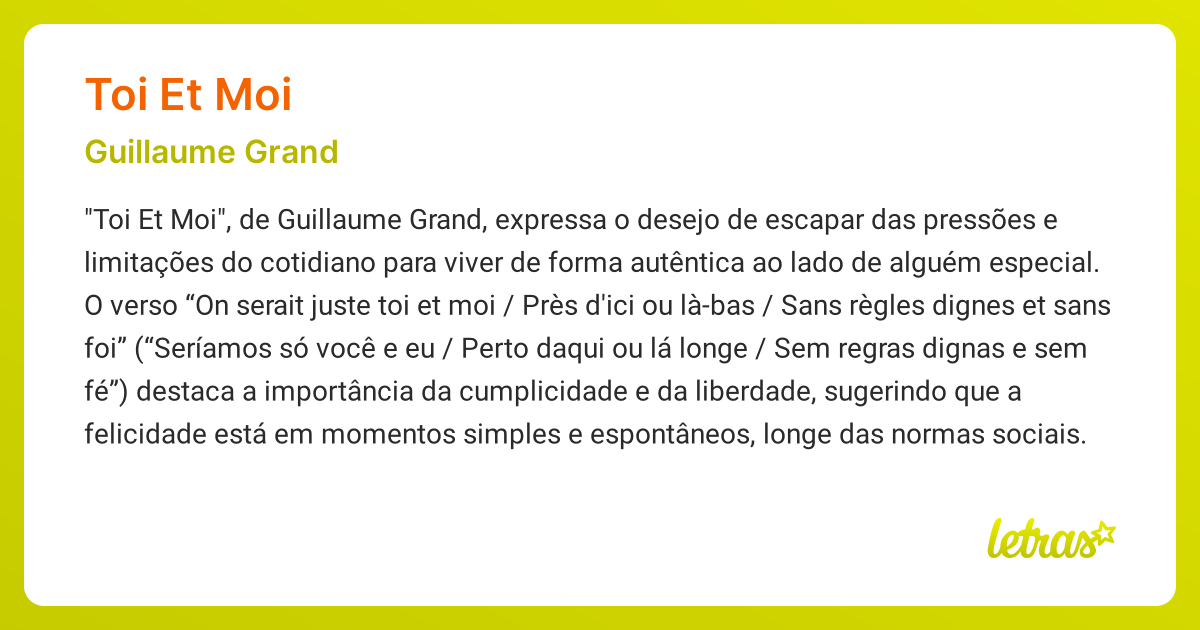 Significado da música TOI ET MOI (Guillaume Grand) - LETRAS.MUS.BR