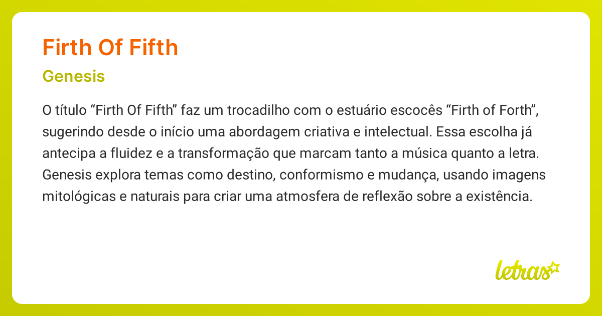 Significado da música FIRTH OF FIFTH (Genesis) - LETRAS.MUS.BR