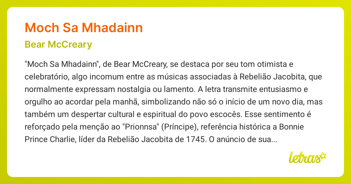 Significado da música MOCH SA MHADAINN (Bear McCreary) - LETRAS.MUS.BR