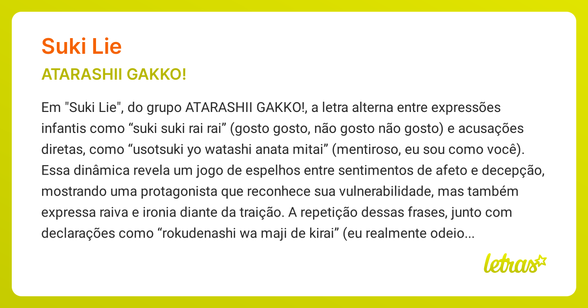 Significado da música SUKI LIE (ATARASHII GAKKO!) - LETRAS.MUS.BR