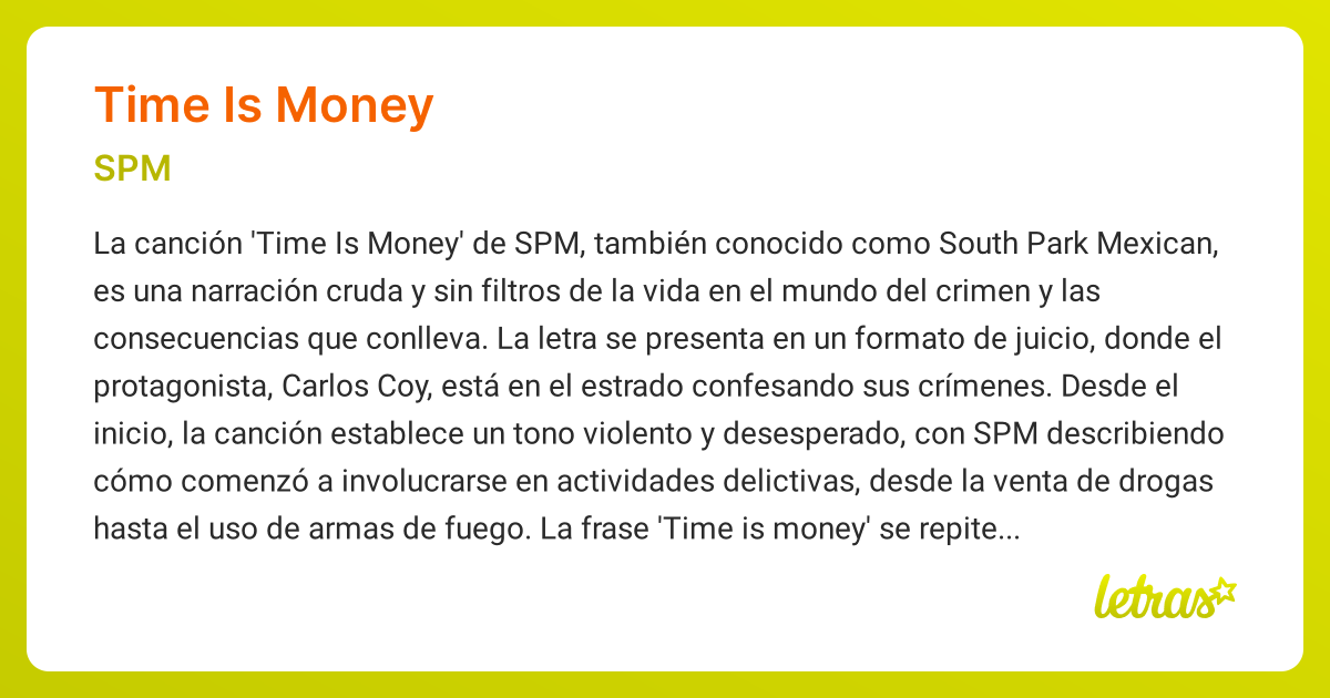 Significado de la canción TIME IS MONEY (Spm) - LETRAS.COM