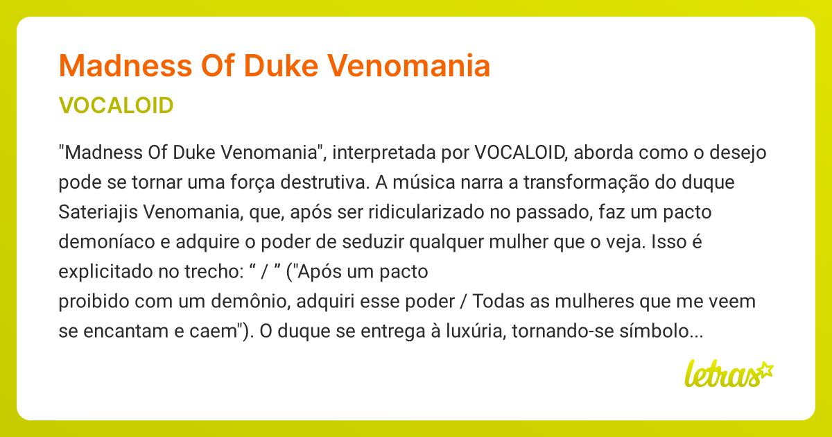 Significado da música MADNESS OF DUKE VENOMANIA (VOCALOID) - LETRAS.MUS.BR