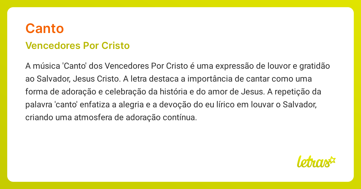 Significado da música CANTO (Vencedores Por Cristo) - LETRAS.MUS.BR