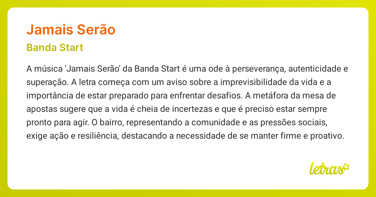 Significado da música JAMAIS SERÃO (Banda Start) - LETRAS.MUS.BR