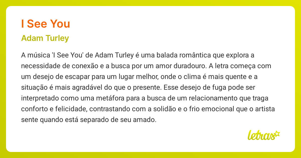 Significado da música I SEE YOU (Adam Turley) - LETRAS.MUS.BR