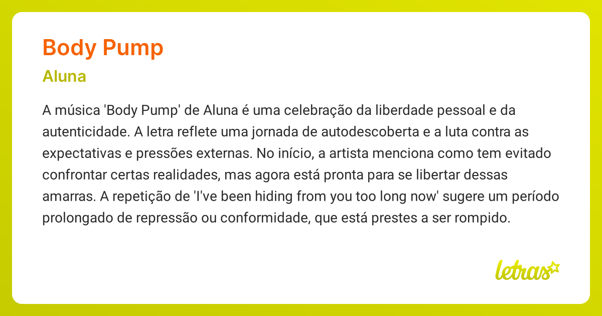Significado da música BODY PUMP (Aluna) - LETRAS.MUS.BR