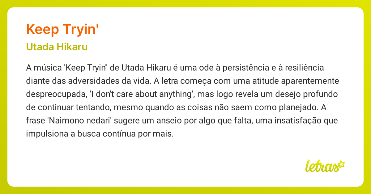 Significado da música KEEP TRYIN' (Utada Hikaru) - LETRAS.MUS.BR