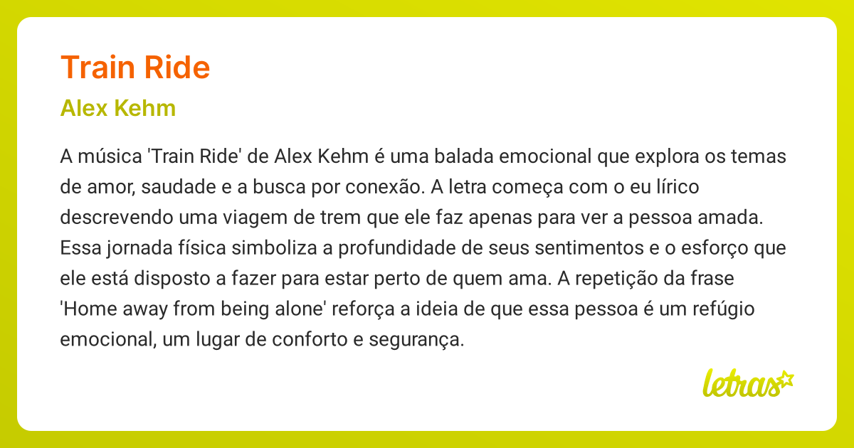 Significado da música TRAIN RIDE (Alex Kehm) - LETRAS.MUS.BR