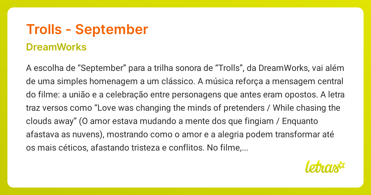 Significado da música TROLLS - SEPTEMBER (DreamWorks) - LETRAS.MUS.BR