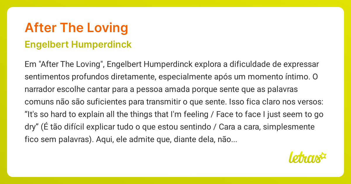 Significado da música AFTER THE LOVING (Engelbert Humperdinck) - LETRAS ...