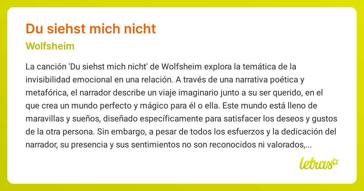 Significado de la canción DU SIEHST MICH NICHT (Wolfsheim) - LETRAS.COM