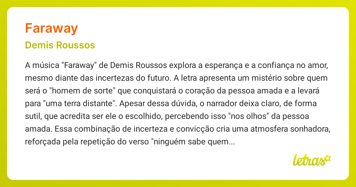 Significado da música FARAWAY (Demis Roussos) - LETRAS.MUS.BR