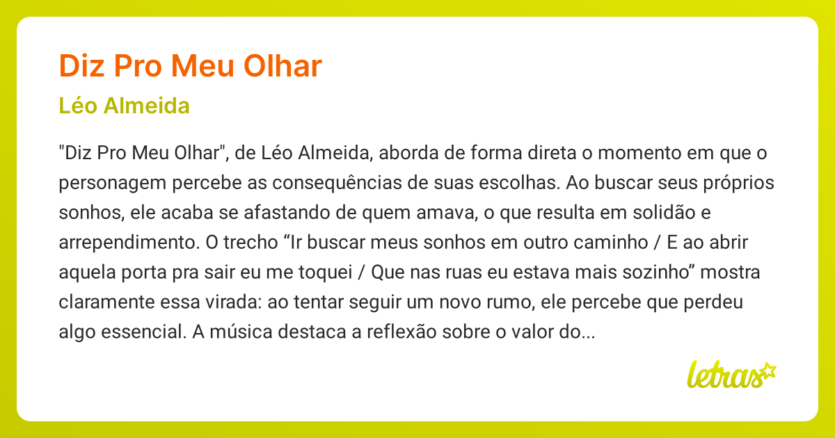Significado da música DIZ PRO MEU OLHAR (Léo Almeida) - LETRAS.MUS.BR