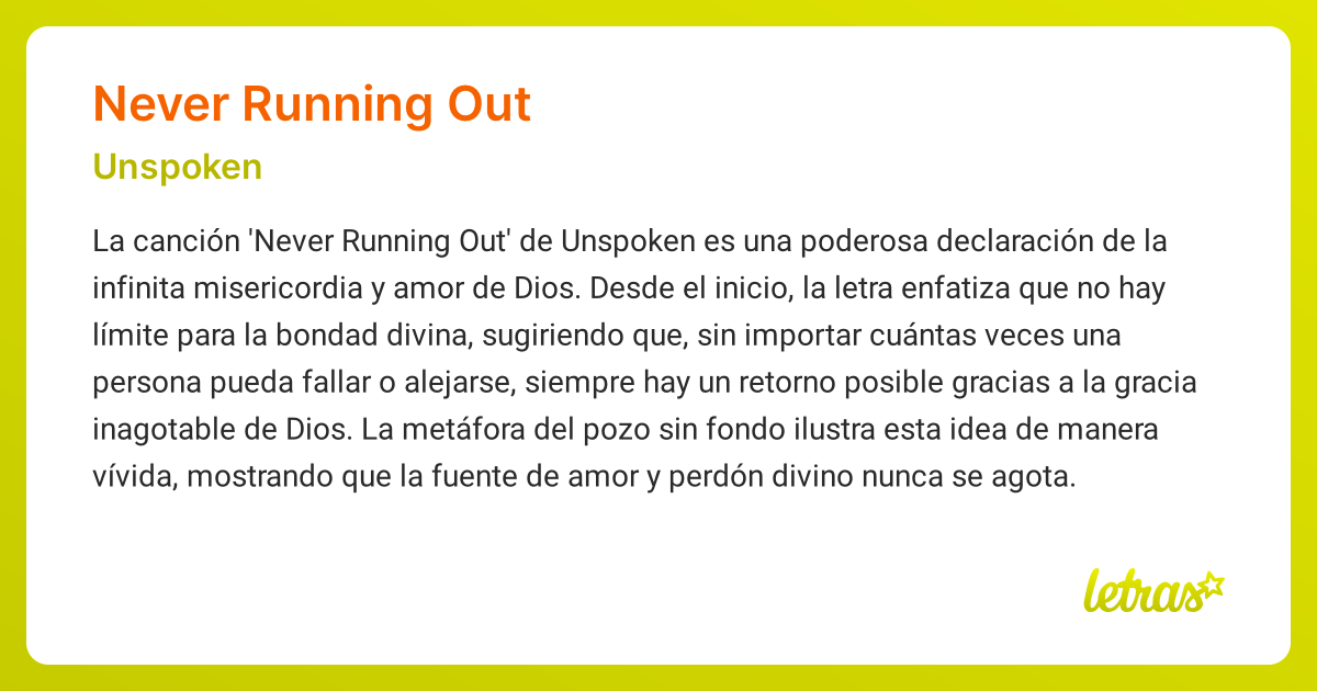 Significado de la canción NEVER RUNNING OUT (Unspoken) - LETRAS.COM