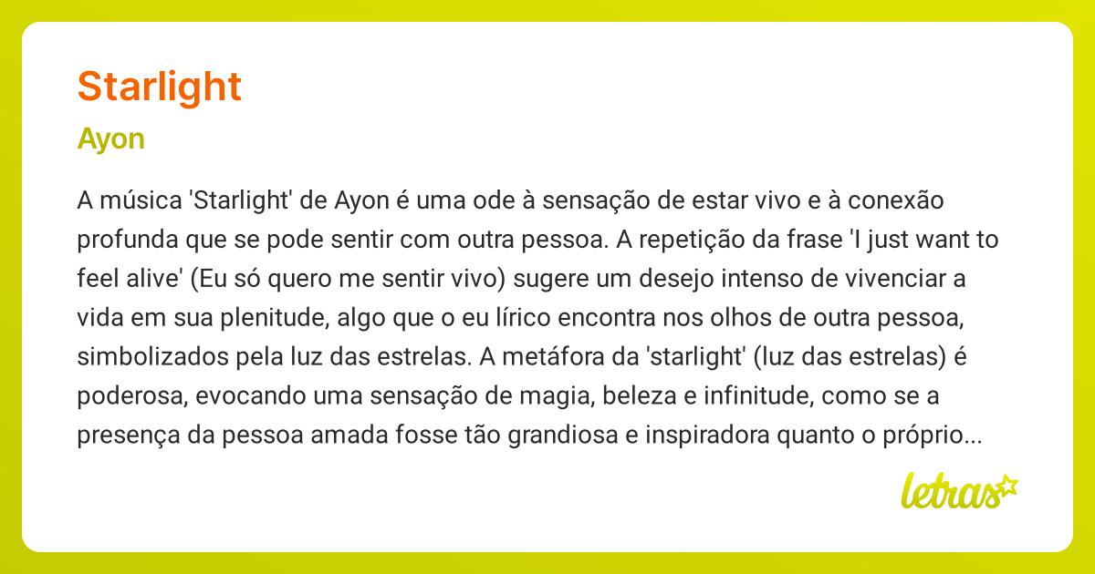 Significado da música STARLIGHT (Ayon) - LETRAS.MUS.BR
