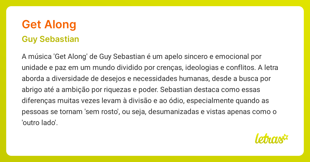 Significado da música GET ALONG (Guy Sebastian) - LETRAS.MUS.BR