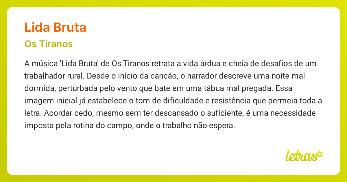Significado da música LIDA BRUTA (Os Tiranos) - LETRAS.MUS.BR
