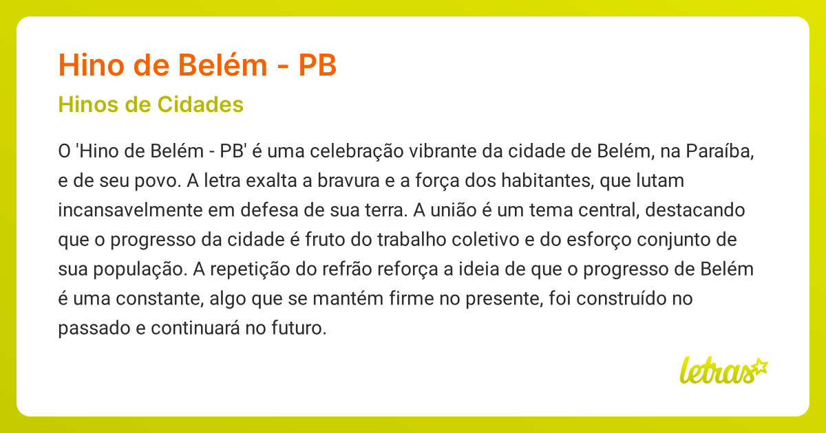Significado da música HINO DE BELÉM - PB (Hinos de Cidades) - LETRAS.MUS.BR
